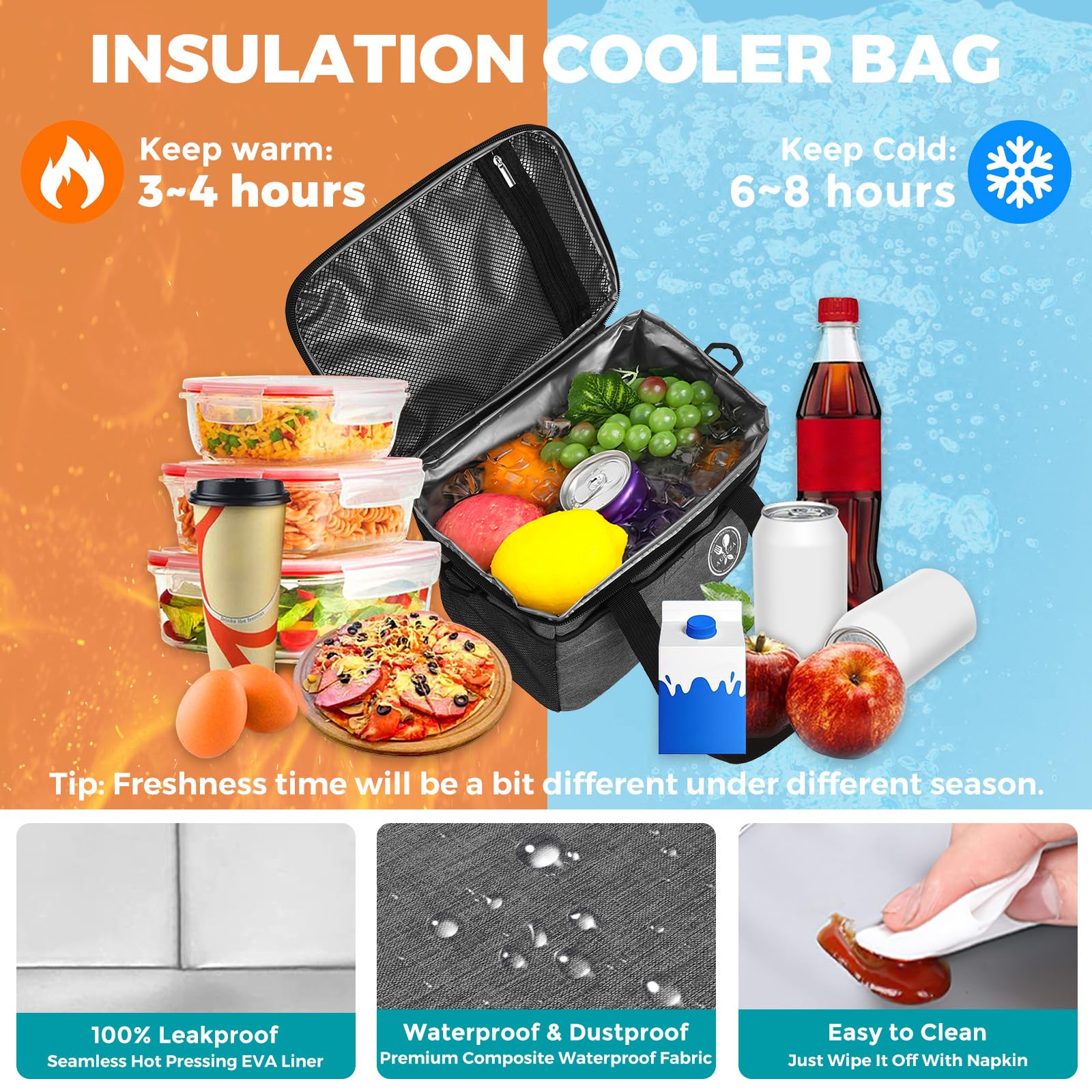 AURUZA Insulated Lunch Bag, Black, Unisex, 10.24" x 7.09" x 8.27", 9.8L Capacity, Waterproof, Portable Design