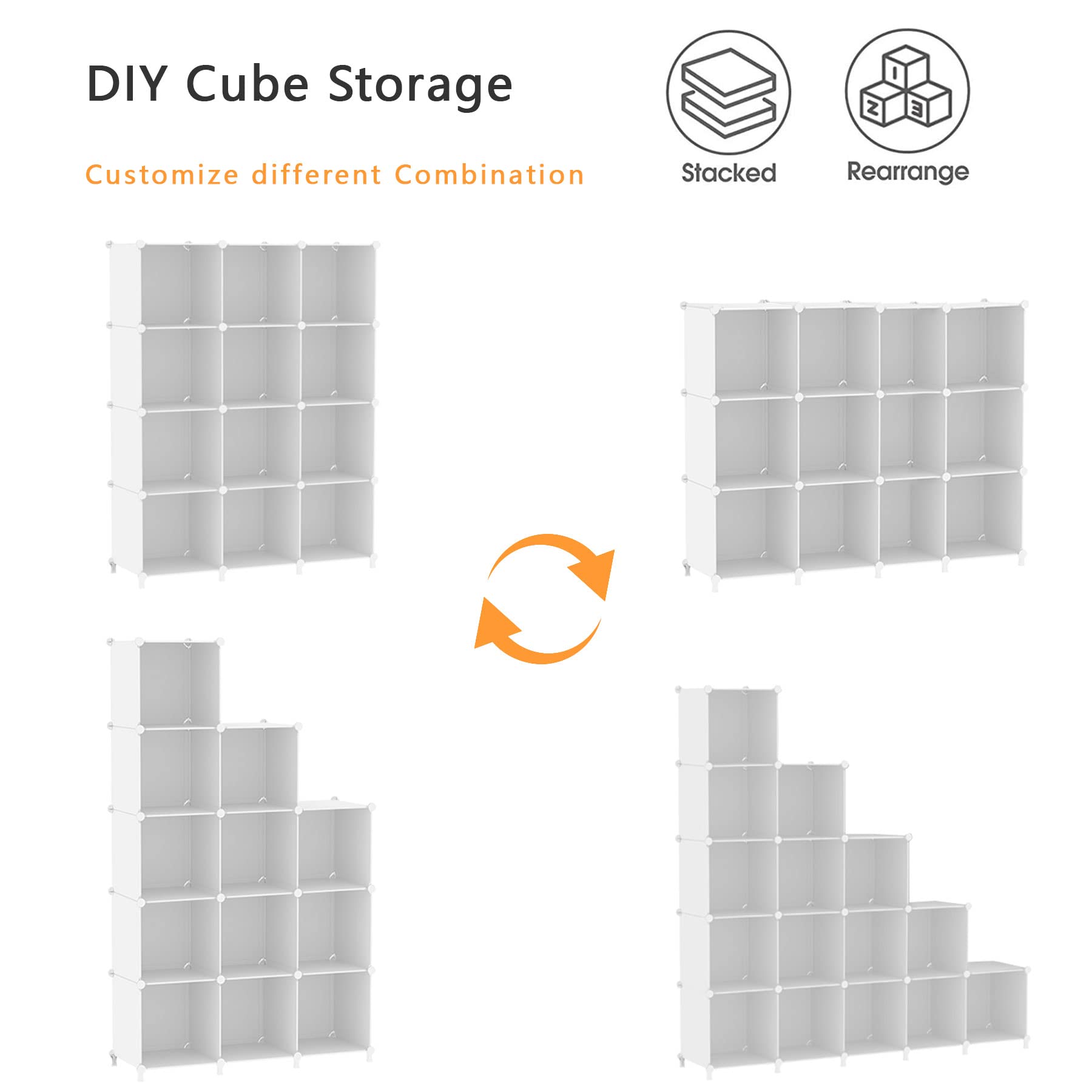AWTATOS Cube Storage Organizer Modular Storage 12 Cube Bookshelf DIY Plastic Closet Clothes Storage Shelves with Wooden Mallet, Stackable Storage Solution for Home, Office, Bedroom, White