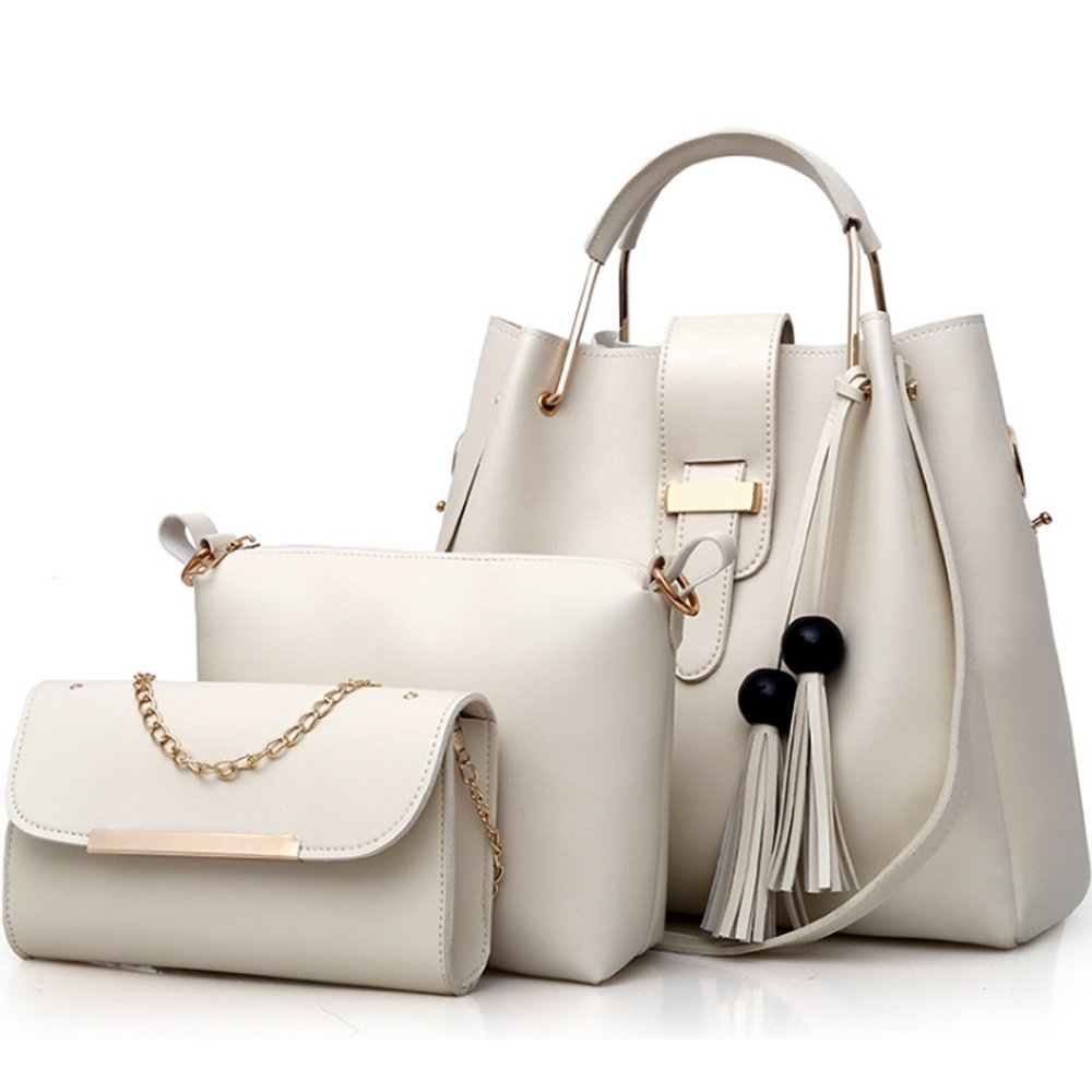 FiveloveTwo Women's Purse and Handbags 3 Pcs Bag Set PU Leather Tassel Totes Clutch Satchels Top Handle Shoulder Crossbody Bags Pack Beige
