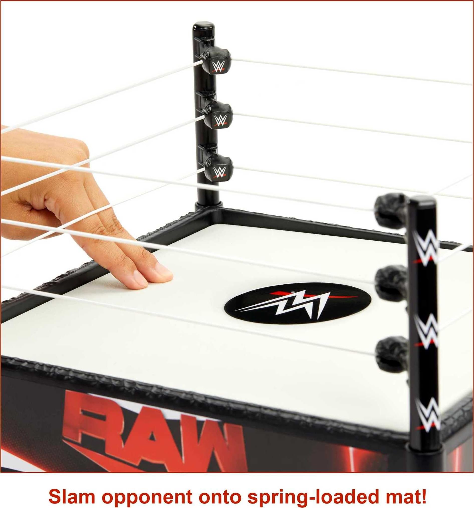 Mattel WWE Superstar Ring, 14 inches with Spring-Loaded Mat, 4 Event Apron Stickers & Pro-Tension Ropes for WWE 6-inch Action Figures