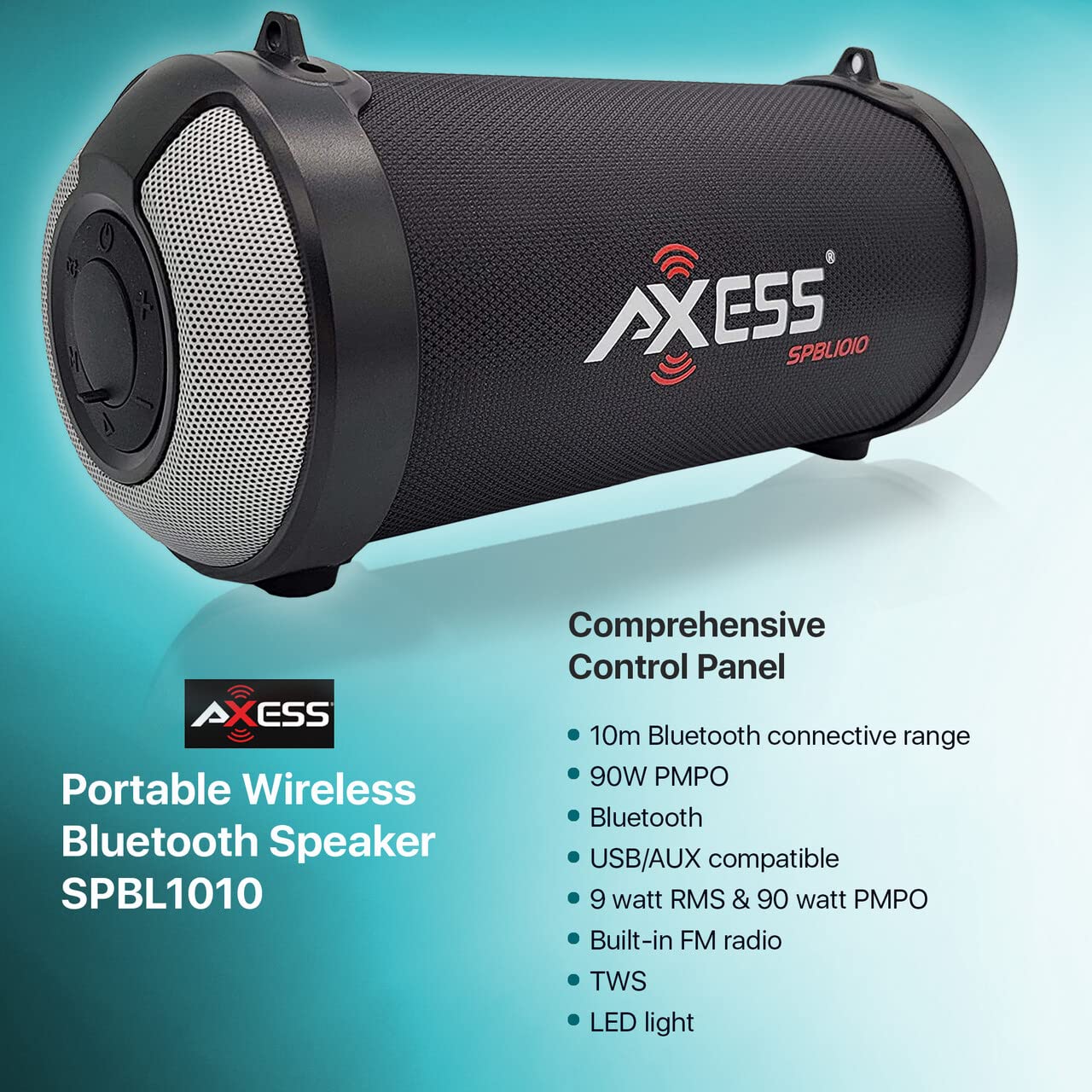 Axess Portable Wireless Bluetooth Speaker β USB C, FM Radio, & Aux Inputs 3β Speaker for Rich Sound & Bass with LED Lights, TWS+ Link, Good for Home Or Outdoor Use SPBL1010 Small Bluetooth Speaker