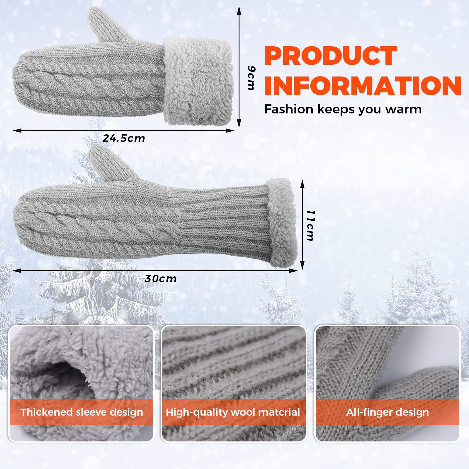 AURUZA Winter Warm Mittens for Women, Cozy Thick Knitted Gloves & Mittens Warm Soft Lining Cold Weather Accessories Gifts (Gray)