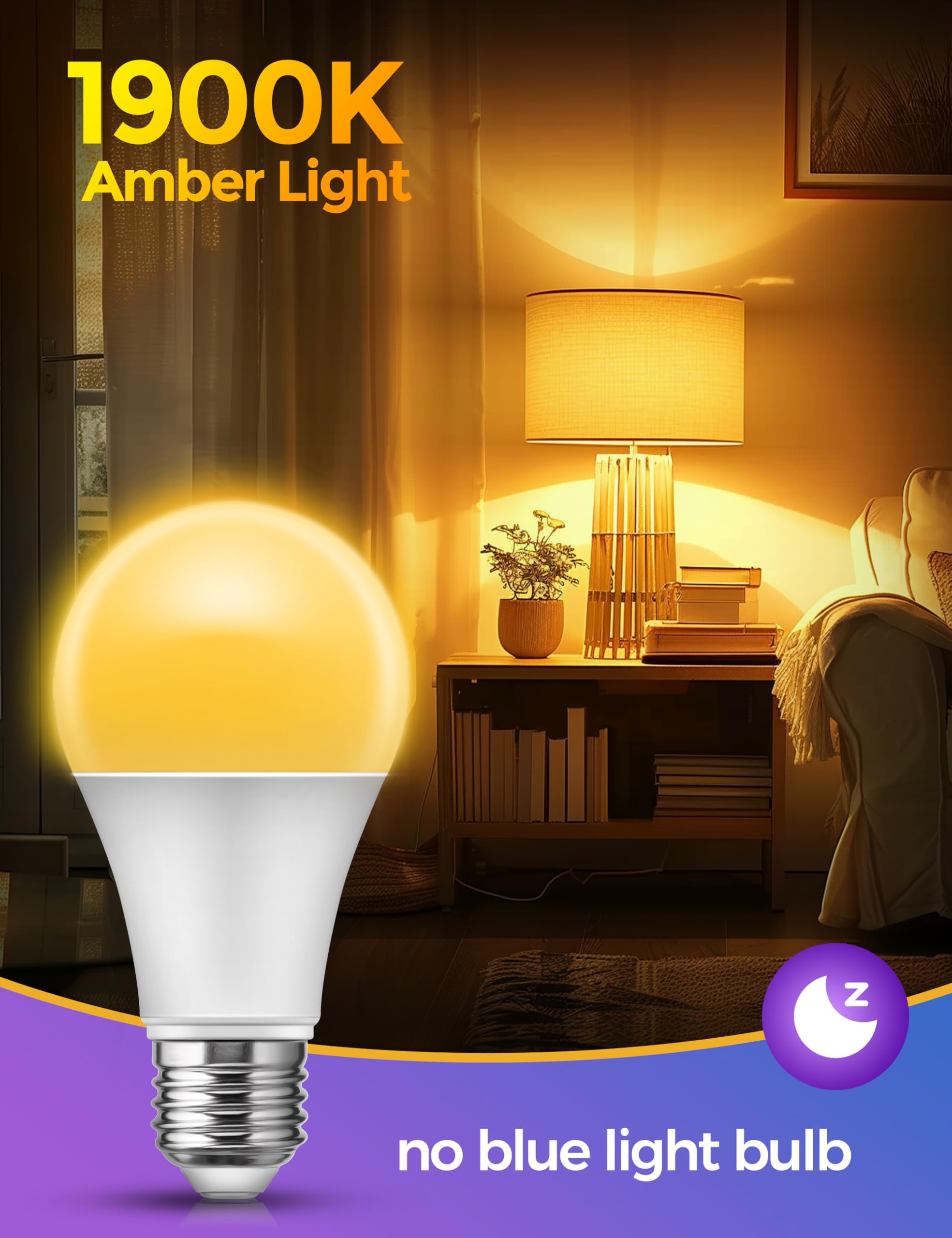 Amber Light Bulbs, 1900K Led Amber Light Bulbs for Sleep Therapy, 2 Pack Dim Light Bulbs, E26 Warm Light Bulb, A19 Blue Light Blocking Sleep Light Bulb for Bedrooms, Kids Room,Nursery Room