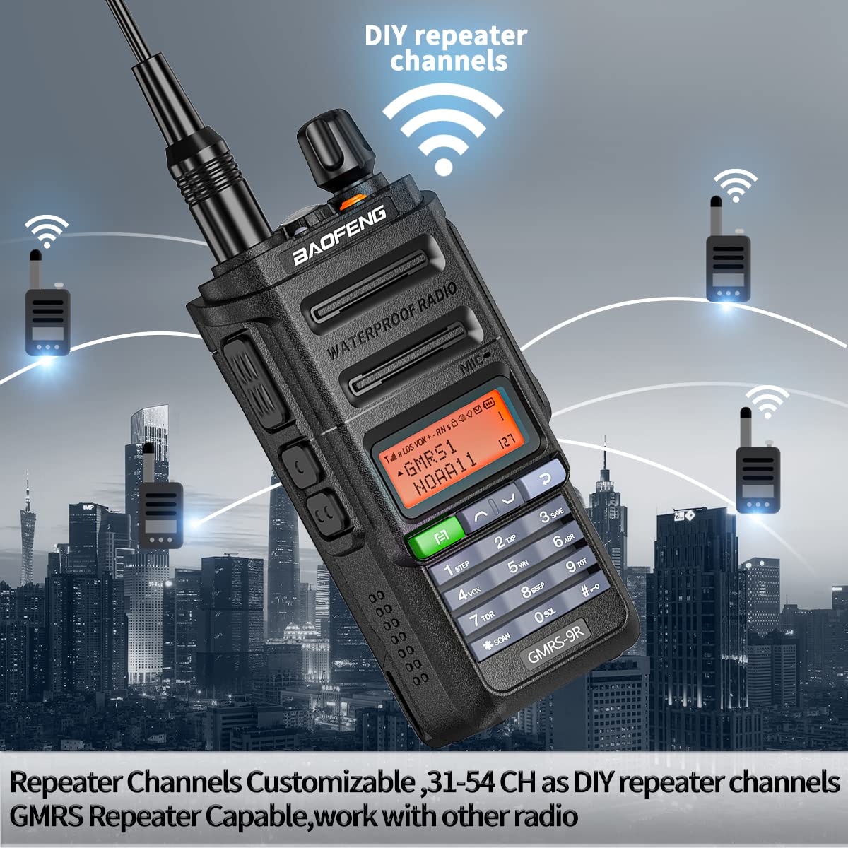 BAOFENG GMRS Radio Waterproof IP67,GMRS-9R Two Way Radios Long Range Handheld Radio Rechargeable,Dual Band NOAA Scanner, GMRS Repeater Capable, with Type-C Charger AR-771 Antenna Headsets etc,2pack
