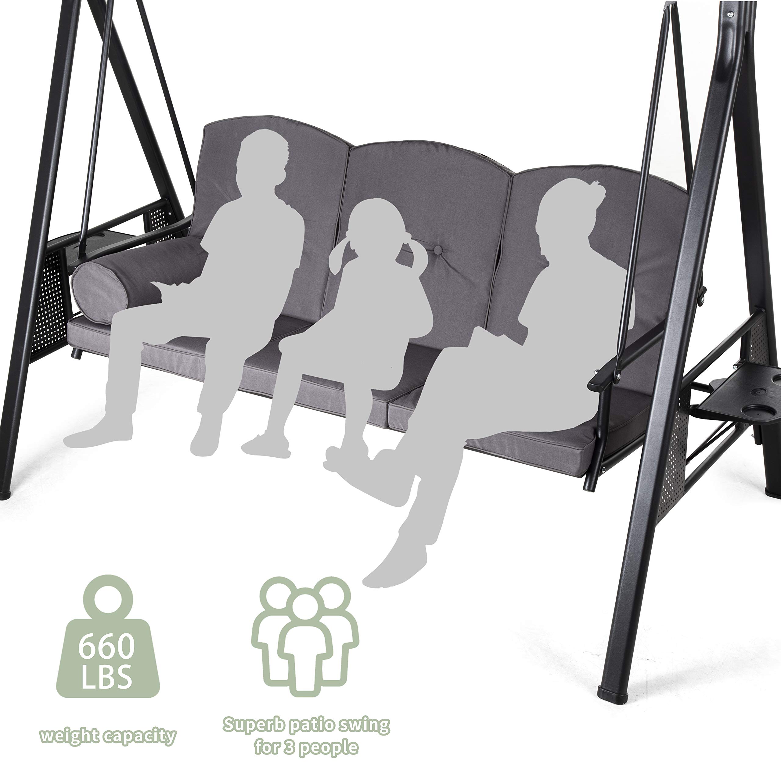 Pamapic 3-Seat Outdoor Patio Swing Chair with Weather Resistant Steel Frame, Adjustable Canopy Removable Cushion and Pillow for Backyard, Garden, Porch, Poolside, Balcony(Gray)