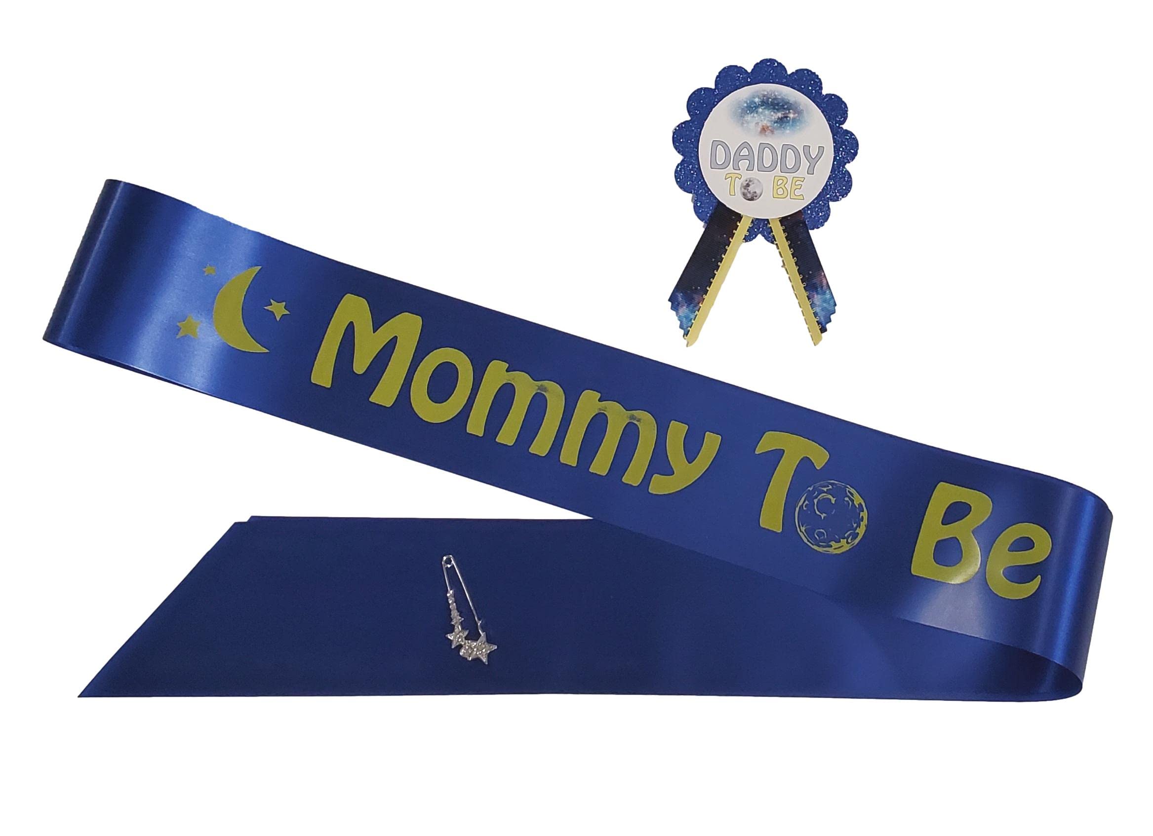 Galaxy Baby Shower Pins for Family to Wear at Gender Reveal Outer Space Theme Rockets It's a Boy Sprinkle (mommy sash & daddy pin)