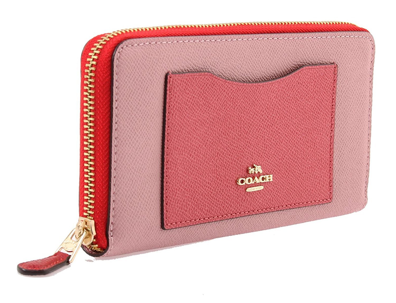 Coach Accordion Zip Wallet in Geometric ColorBlock, F57605 (Strawberry/Oxblood Multi)