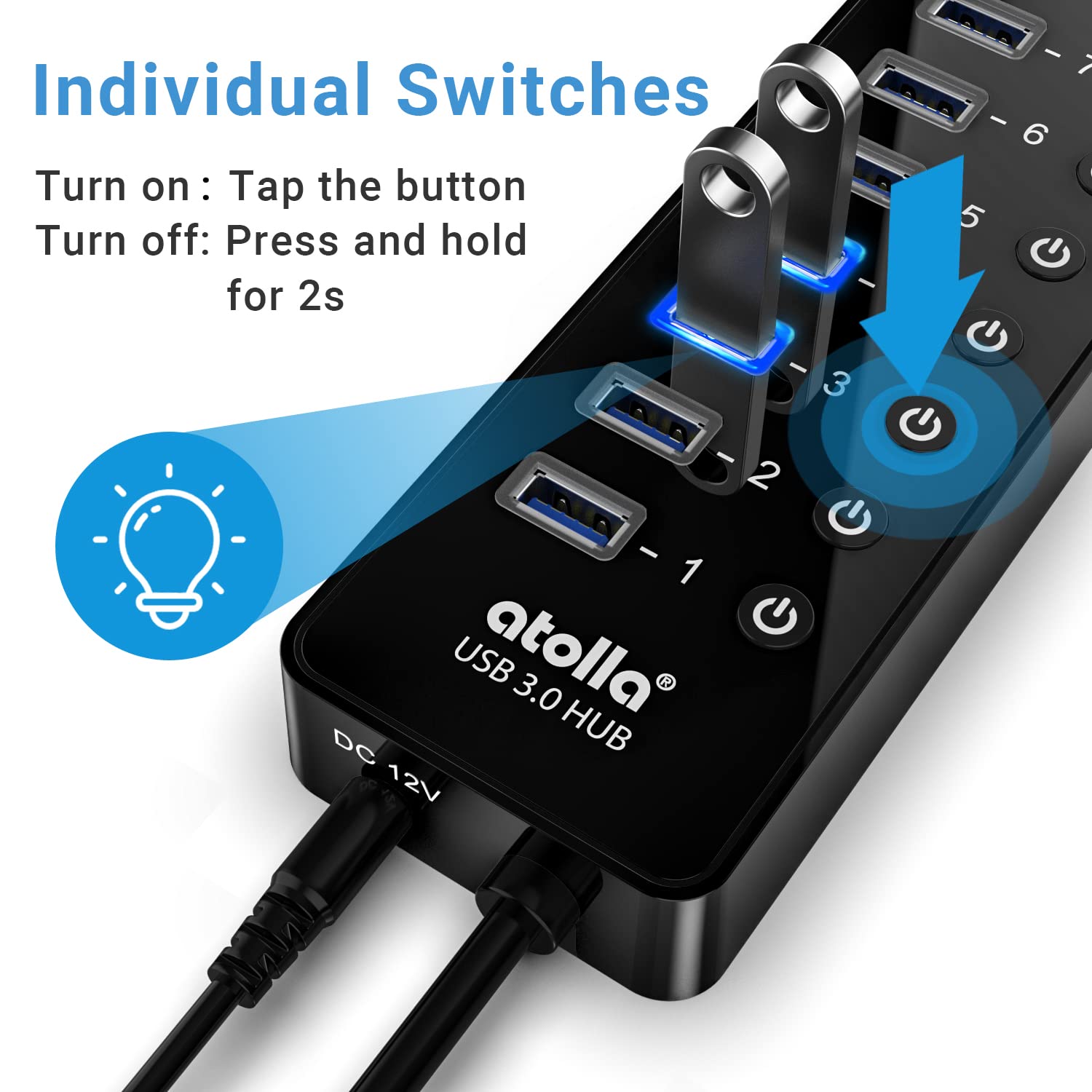 atolla USB Hub 3.0 Powered, 16 Ports USB Data Hub Splitter with Individual ON/Off Switches and 12V/6A Power Adapter, 5Gbps High Speed, USB Extension for Laptop, PC, Mobile HDD, Flash Drive