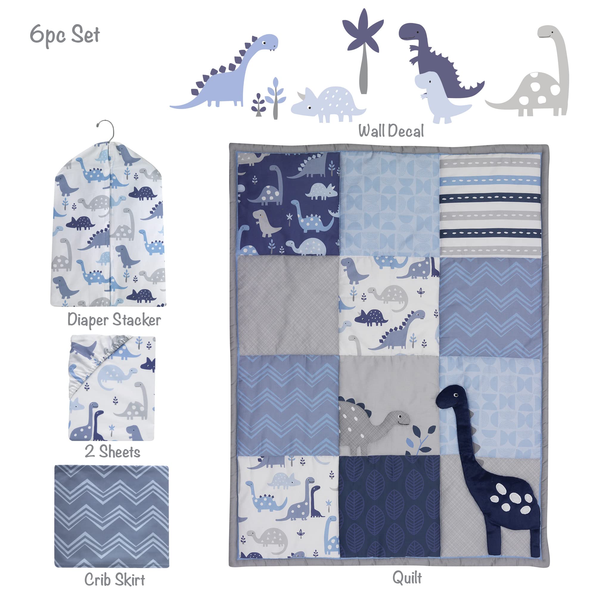 Bedtime Originals Roar 6-Piece Crib Bedding Set - Blue, Gray, White, Animals