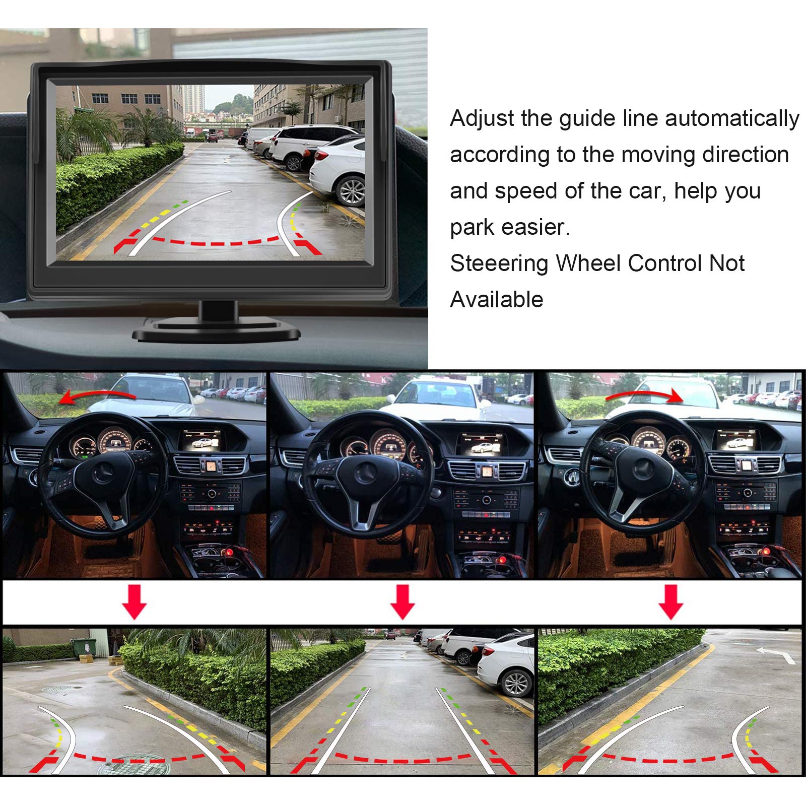 Backup Camera Safety System Kit with Dynamic Trajectory Guide Line, SAMFIWI 4.3in TFT-LCD 720P HD Monitor and Waterproof Rear View Camera Multiple Installation Methods for Trucks/Cars/Pickups (Black)