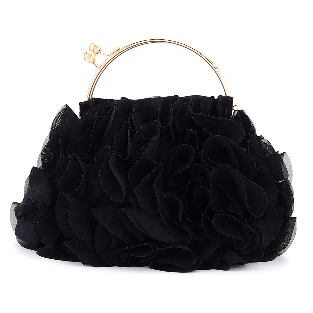 Barode Floral Clutch Purses for Women Satin Flower Evening Bag Party Prom Handbags (Black)
