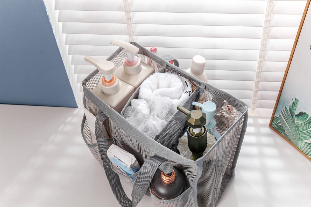 Jelier Mesh Shower Tote Caddy with Separated Main Compartment,Portable Toiletry Bag for Bathroom College Dorm Gym Camping (grey)