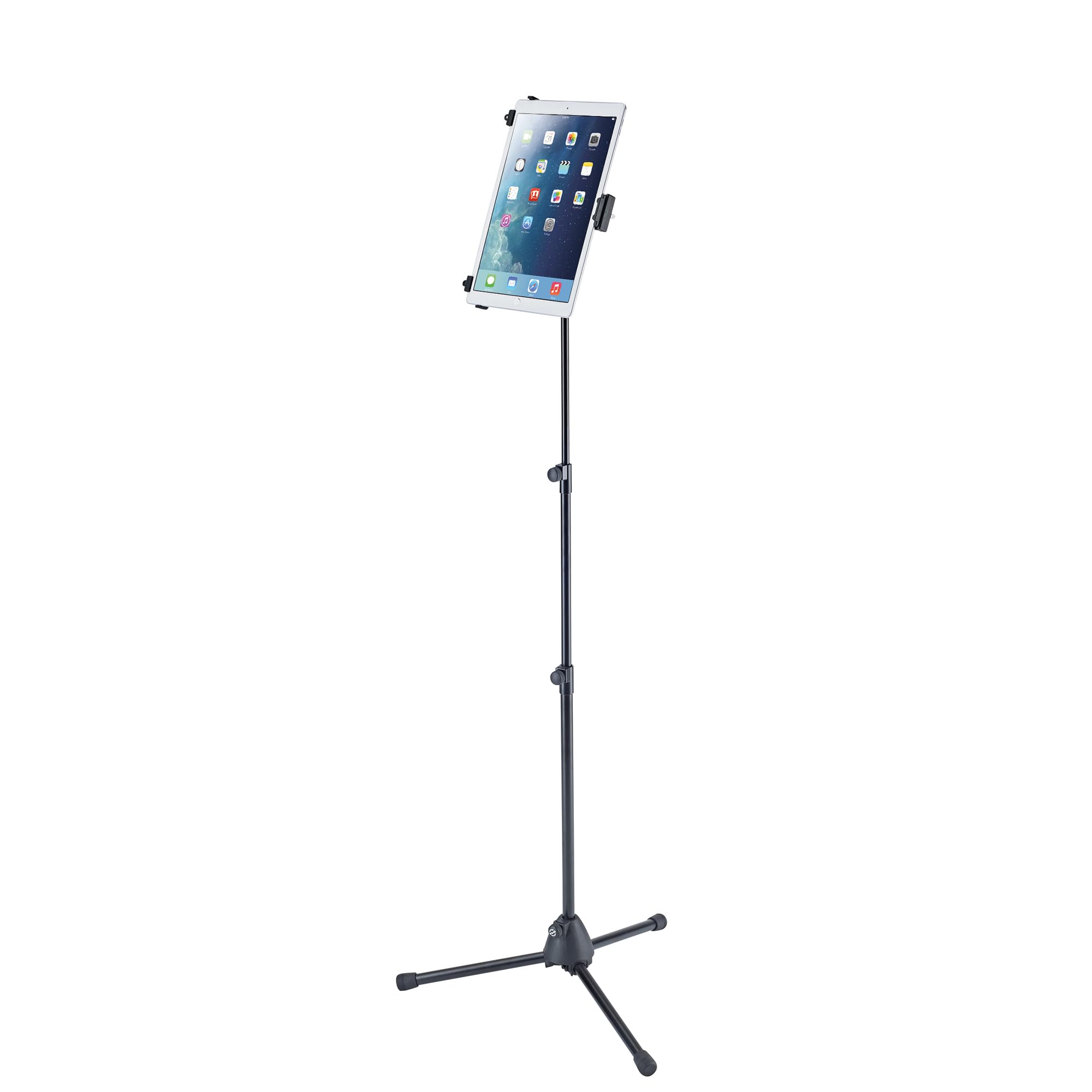K&M Konig & Meyer 19793 Universal Tablet Mount/iPad Holder & Stand Rotate Tablet 360°, Adjustable Height, Stable Tripod Base, Studio/Remote Home Use, Portable, German Made Black
