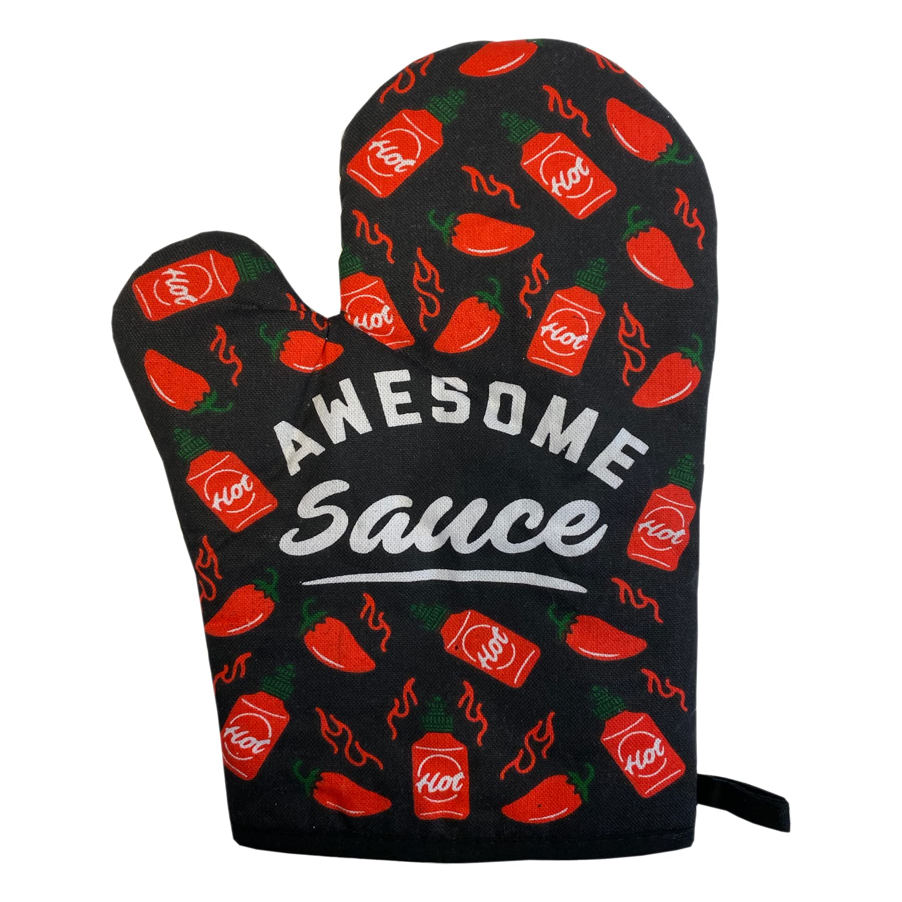 Awesome Sauce Oven Mitt Funny Hot Sauce Peppers Graphic Novelty Kitchen Glove Funny Graphic Kitchenwear Funny Food Novelty Cookware Black Oven Mitt