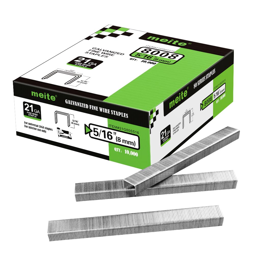 meite 21 Gauge 1/2-Inch Crown with 5/16-Inch Length Upholstery Staples Galvanized Fine Wire Staples Compatible for MT8016 Stapler (10,000 Pcs/Box)