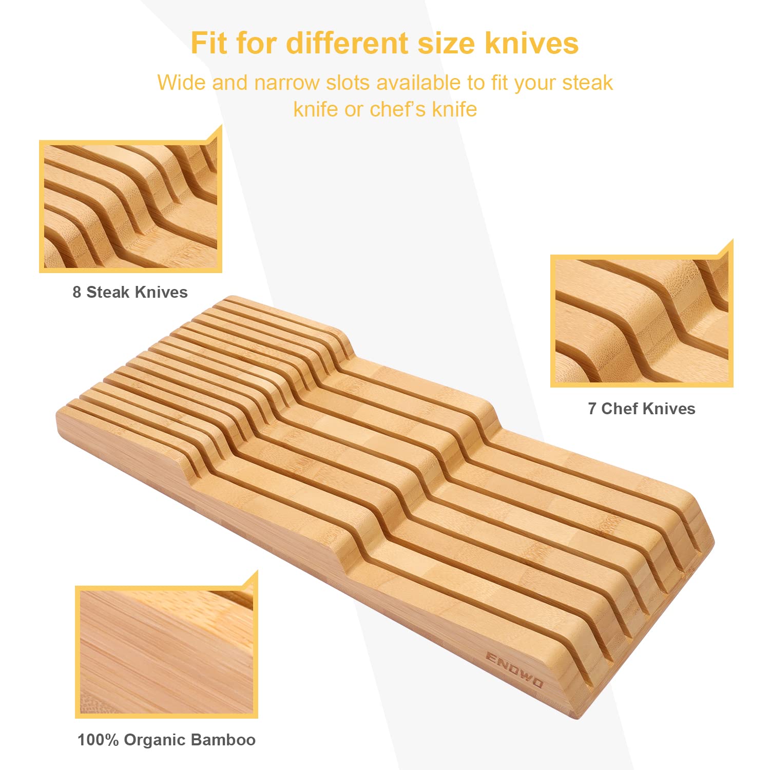 enowo Bamboo Knife Block Knife Drawer Organizer, Knife Holder for Kitchen Drawers Hold 15 Knives(Not included), Kitchen Knife Organizer Drawer Insert, Perfect for Home and Chefs
