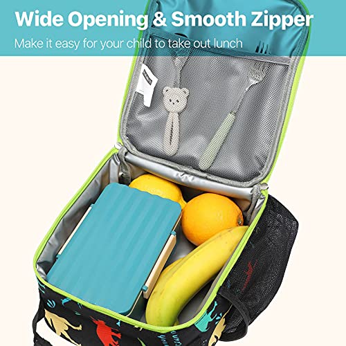Bagseri Kids Lunch Box, Insulated Lunch Box Bag for Boys, Portable Reusable Toddler Lunch Cooler Bag for School, Water-resistant Lining(Black & Dinosaur)