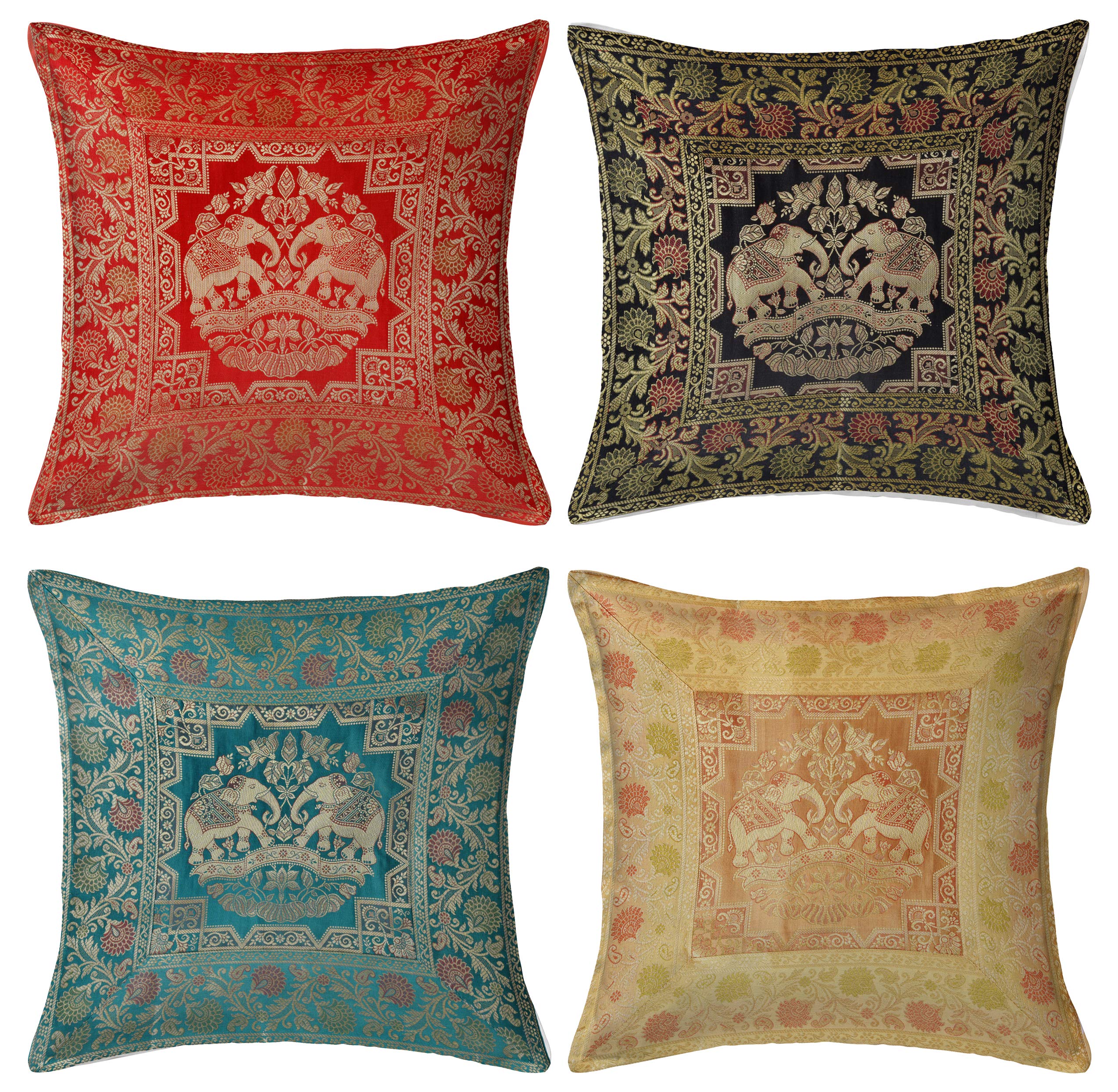 ANJANIYA Set of 4 17x17 inch (43x43 cm) Elephant Banarsi Silk Indian Ethnic Bohemian Decorative Cushion Cover Handcrafted Patchwork Sari Throw Pillow Boho Decor Cushion Covers (Double Elephant)