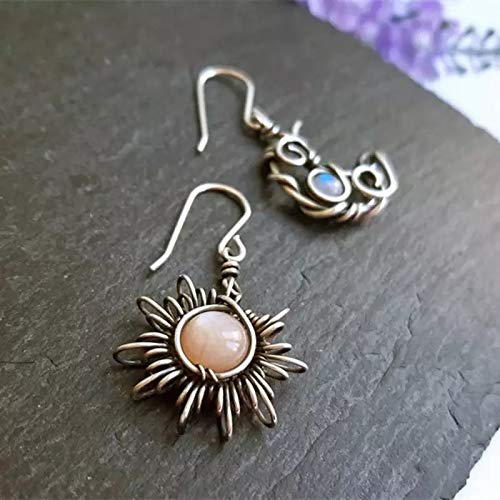 Boho Opal Sun and Moon Drop Dangle Earrings Moonstone Natural Stone Hook Bohemian for Women Asymmetrical Antiqued Silver Celestial Jewelry-Opal Red