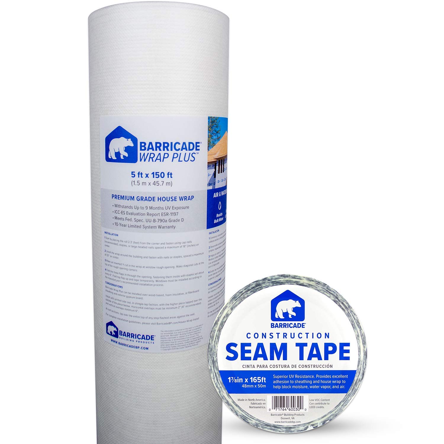 Barricade House Wrap Plus 5’ x 150’ & Barricade Construction Seam Tape Bundle