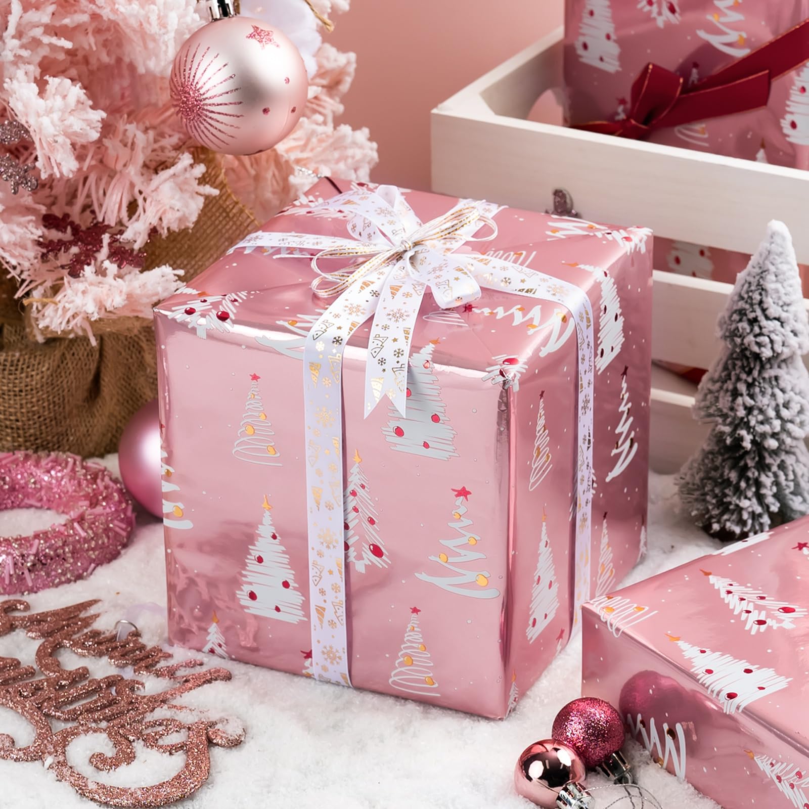 Burymento Christmas Wrapping Paper Roll, Pink Gift Wrap Paper with Grid Lines for Christmas,Metallic Foil Shiny Wrapping Paper - 17 Inches x 32.8 Feet 1 Roll Christmas Trees