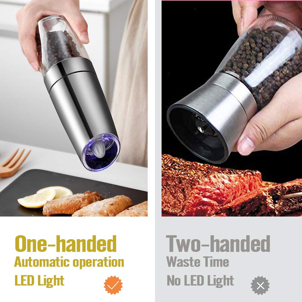 AVNICUD Electric Salt and Pepper Grinder, Automatic Pepper Mill, Gravity Salt Grinder, Battery-Operated with Adjustable Coarseness, LED Light, One Hand Operated (Silver 2Pack)