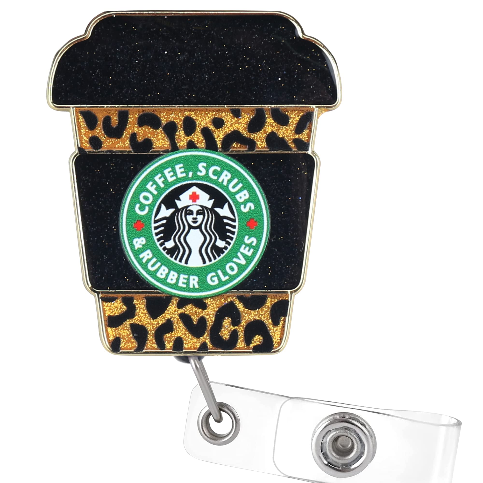 Badge Reel Retractable for Nurses, Nursing Badge Reel with Belt Clip or Alligator Clip for Nursing Student, Doctors and RN, Perfect Nurse Grad Gift, Cute Coffee Scrub Heart Pattern