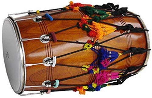 SAI TRADERS PUNJABI BHANGRA DHOL DRUM~MANGO WOOD~WITH DECORATION PART~HAND MADE INDIAN