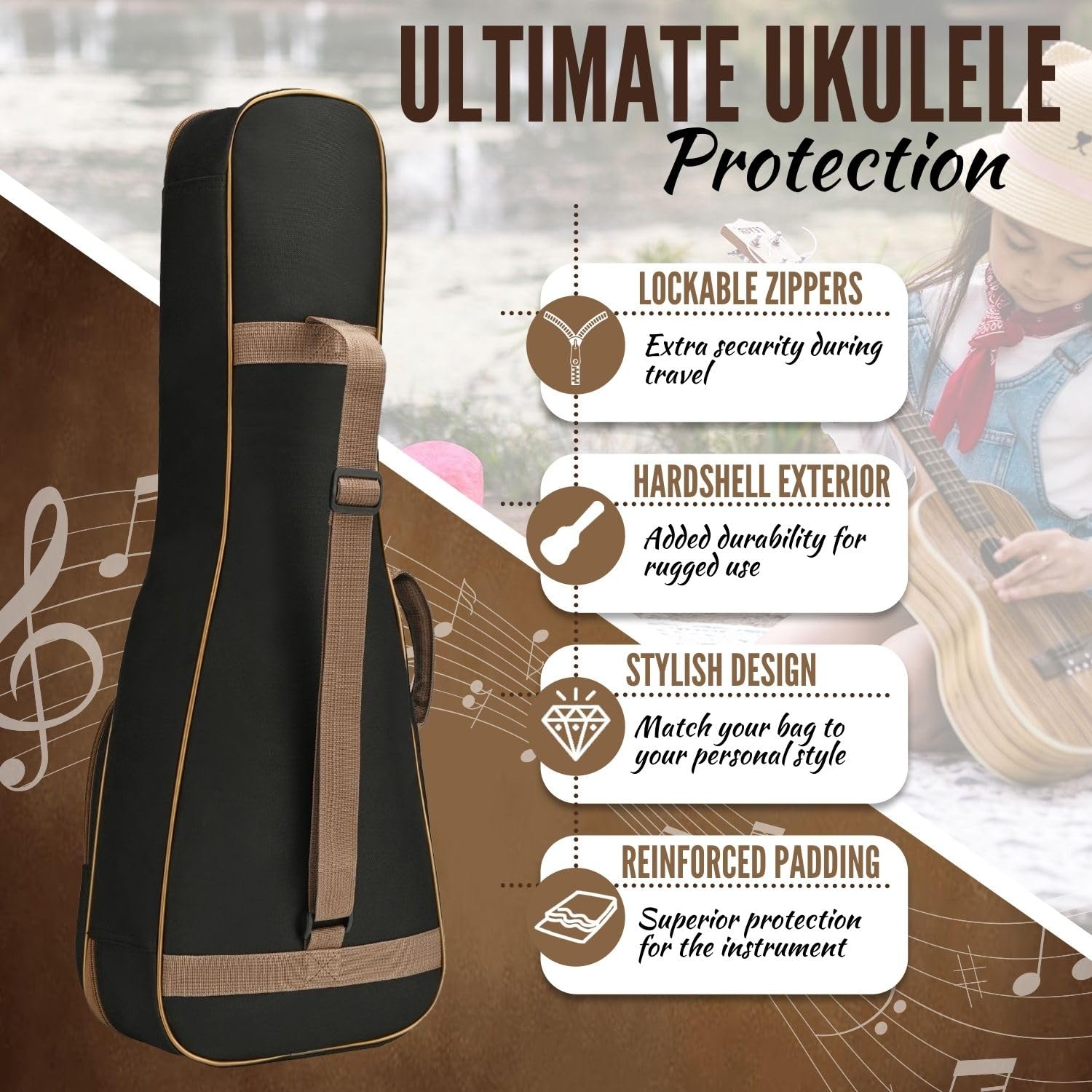 Flexzion Ukulele Gig Bag - Uke Backpack Storage Soft Case Waterproof w/Carrying Handle, Pocket & Adjustable Shoulder Strap, Music Accessories for Concert Tour Travel, Black, 26 in., Tenor