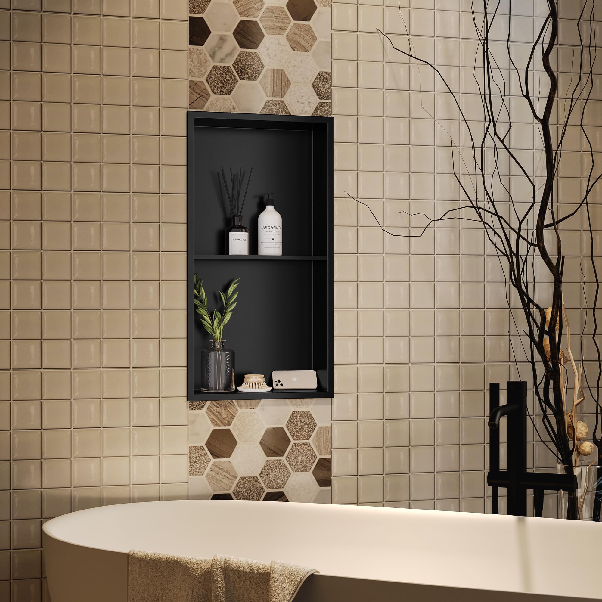 Neodrain No Tile Shower Niche, Stainless Steel Wall Niche 13.1"X25.1"(Inner Size 12"X24"), Two-Tier Bathroom Shelf, NO Tile Needed Recessed Niche Shower for Bathroom Storage, Matte Black