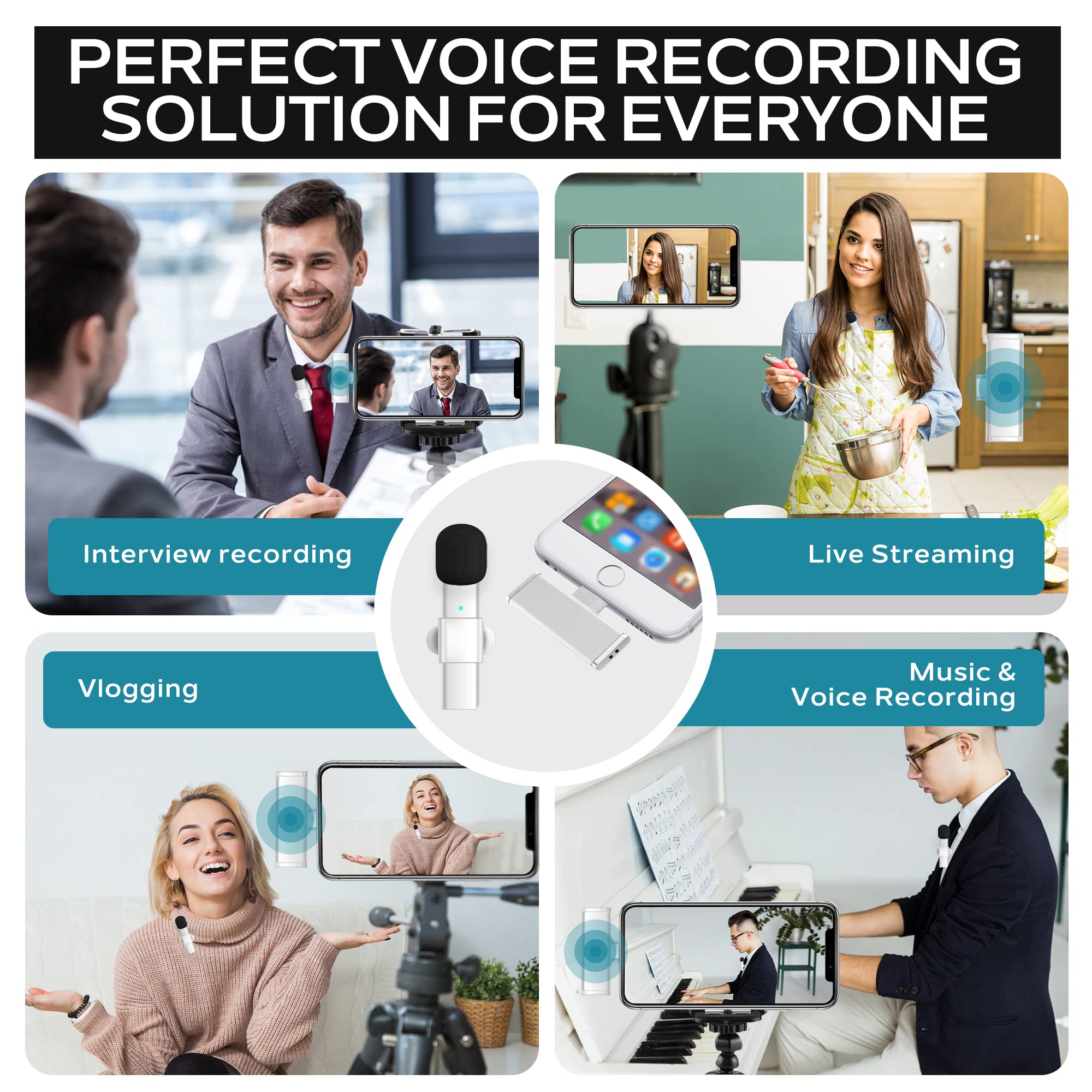 Kailas Accessories White Wireless Microphone System for iPhone & Smartphones w USB C & Lightning - Mini Mic for Podcasting, Streaming, Vlogging