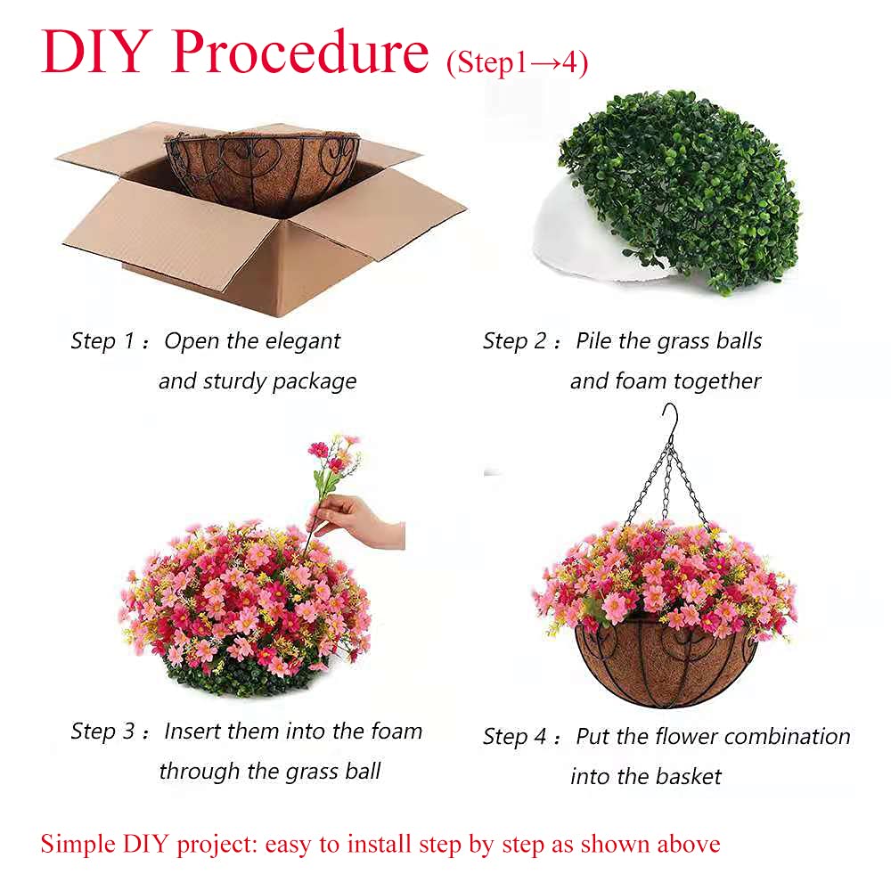 Maybox Artificial Hanging Basket with Flowers for Garden Eave Patio Lawn Decor 49Pcs Fake Daisy Bunches in 11.8 inches Metal Planter with Coco Coir Liner