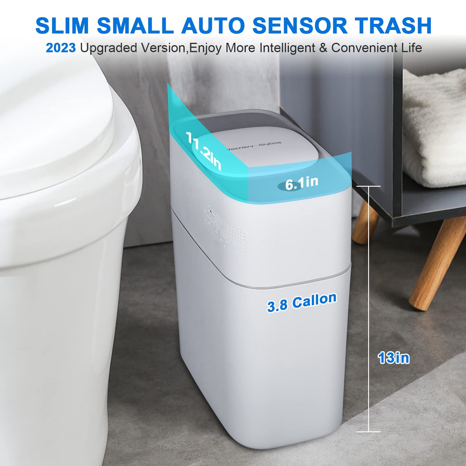 Automatic Bathroom Slim Trash Can with Lid, 3.8 Gallon Small Plastic Rechargeable Touchless Motion Sensor Narrow Smart Garbage Can for Bedroom, Bathroom, Kitchen, Office, RV