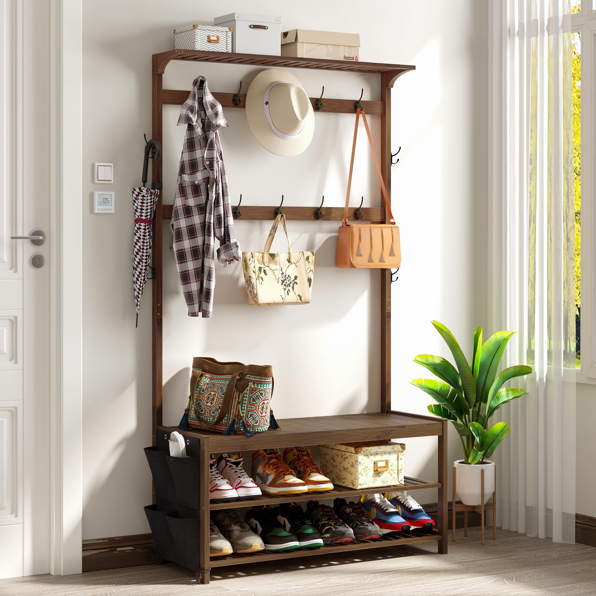 AMBIRD Hall Tree with Shoe Bench Entryway Bench with Coat Rack 6-in-1 Coat Rack Shoe Bench with Cloth Bag Storage Bench with 16 Coat Hooks, Sturdy Bamboo Frame, Large Size, Brown 46 * 15 * 70 Inches