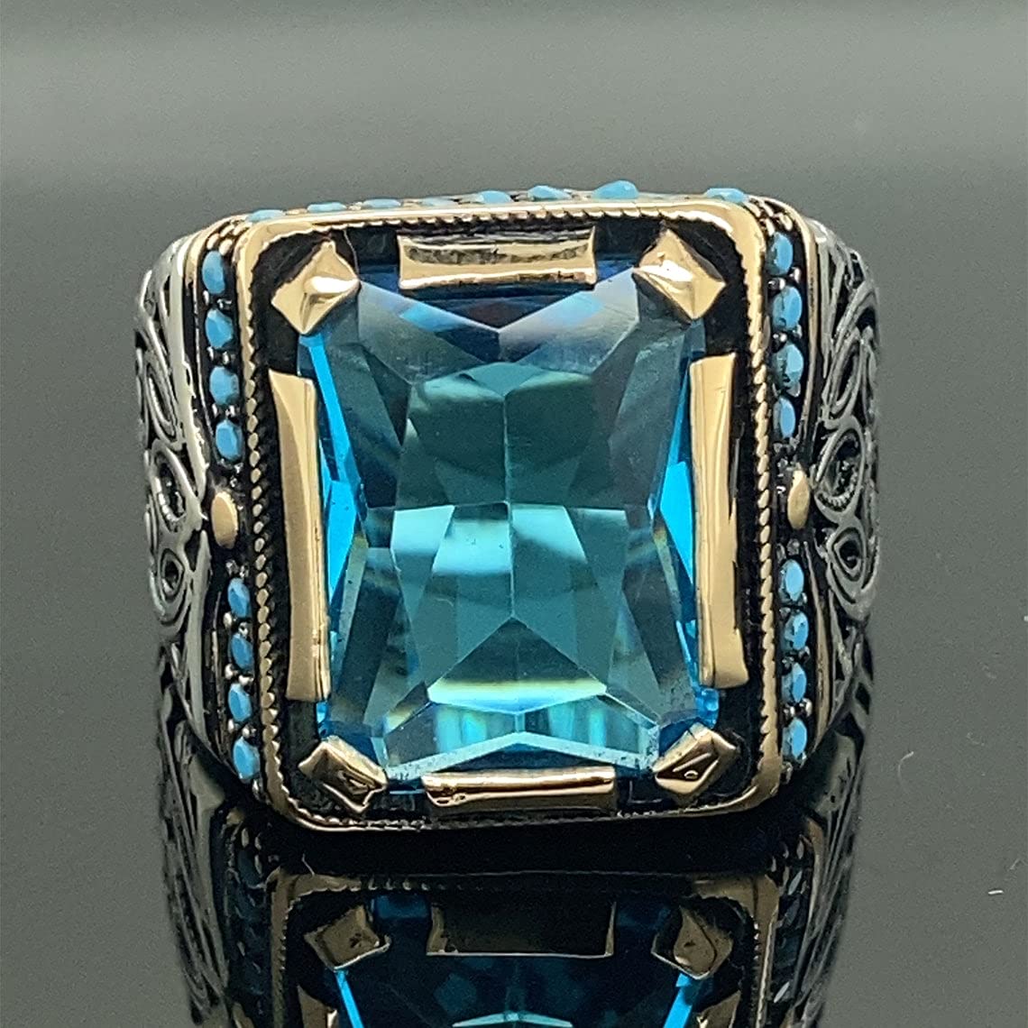 Men Aquamarine Stone Ring, Blue Stone Ring, Vintage Men Ring, Turkısh Ottoman Men Ring, 925k Sterling Silver Ring,