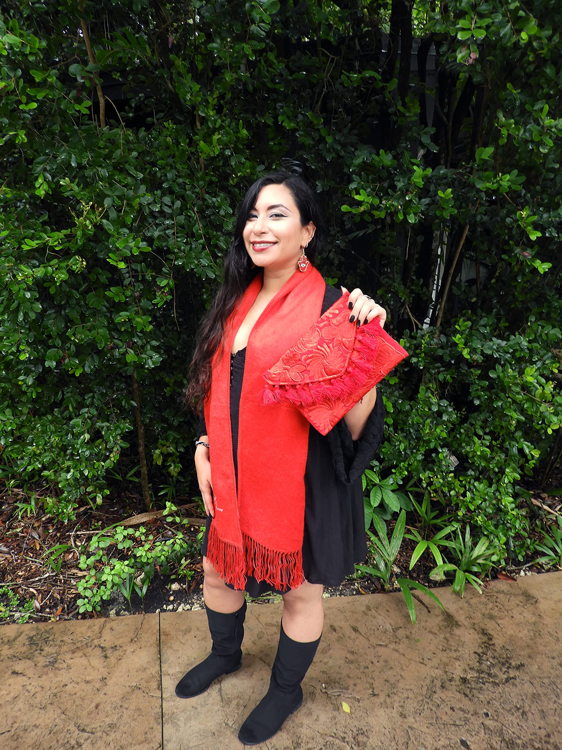 Floral Embroidered Pom Tassel Fringe Slim Envelope Clutch Purse Crossbody Strap Bag - Women Fashion Handmade Boho Accessories (Red)