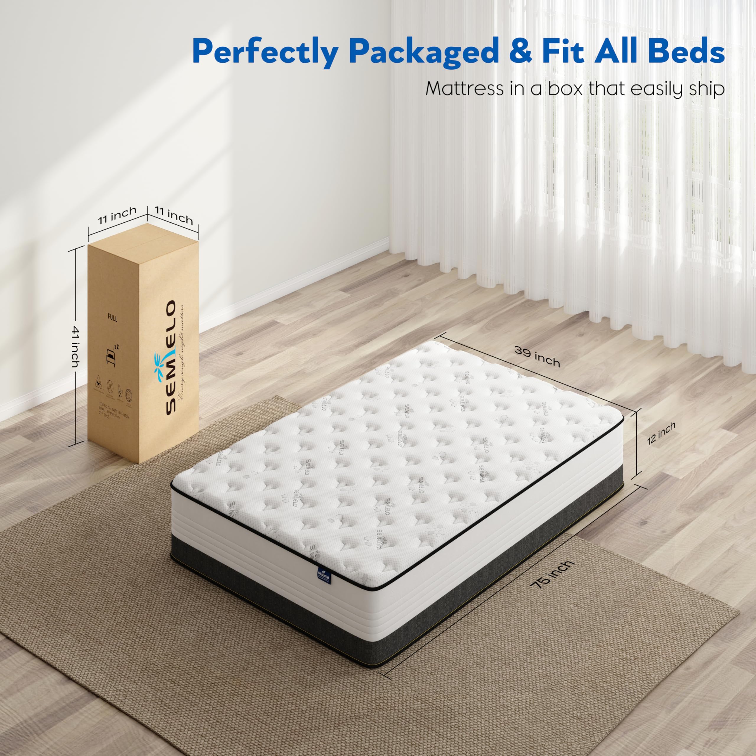 SEMIELO Twin Size Mattress, 12 Inch Twin Mattress in a Box, Hybrid Mattress with Memory Foam and Pocketed Coils for Breathable and Durable Support, CertiPUR-US Certified