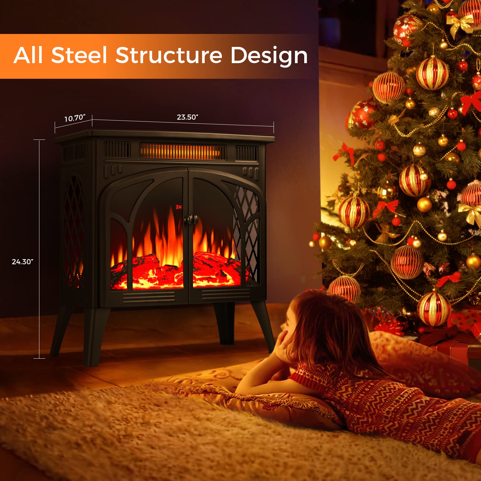 Antarctic Star Electric Fireplace Stove, 3D Free-Standing Infrared Fireplace Stove and Realistic Flame, Remote Control, 5100BTU & All Steel Design, Adjustable Brightness, 1500W Black