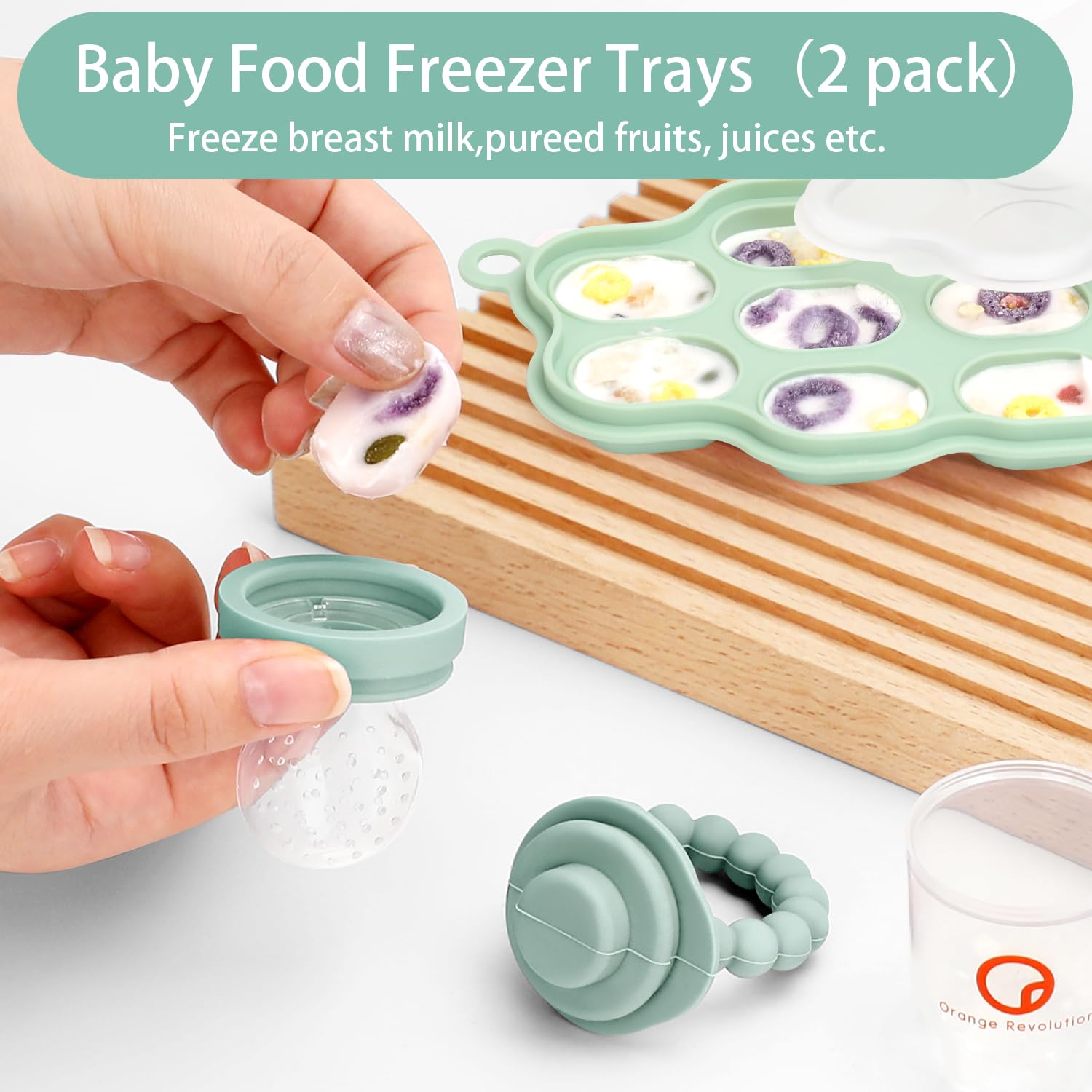 Baby Breastmilk Popsicle Molds with Fruit Food Feeder Set,Silicone Breastmilk Freezer Trays for Teething,Food Storage and Self Feeding,Include 6 Feeder Pacifier,BPA-Free