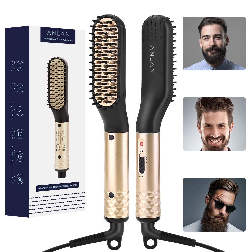 ANLAN Ionic Beard Straightening Comb Beard Straightener Mens Heated Brush Electric Beard Brush Hot Comb Hair Straightener Brush with Heating Control Dual Voltage Hot Tools, 110V-240V