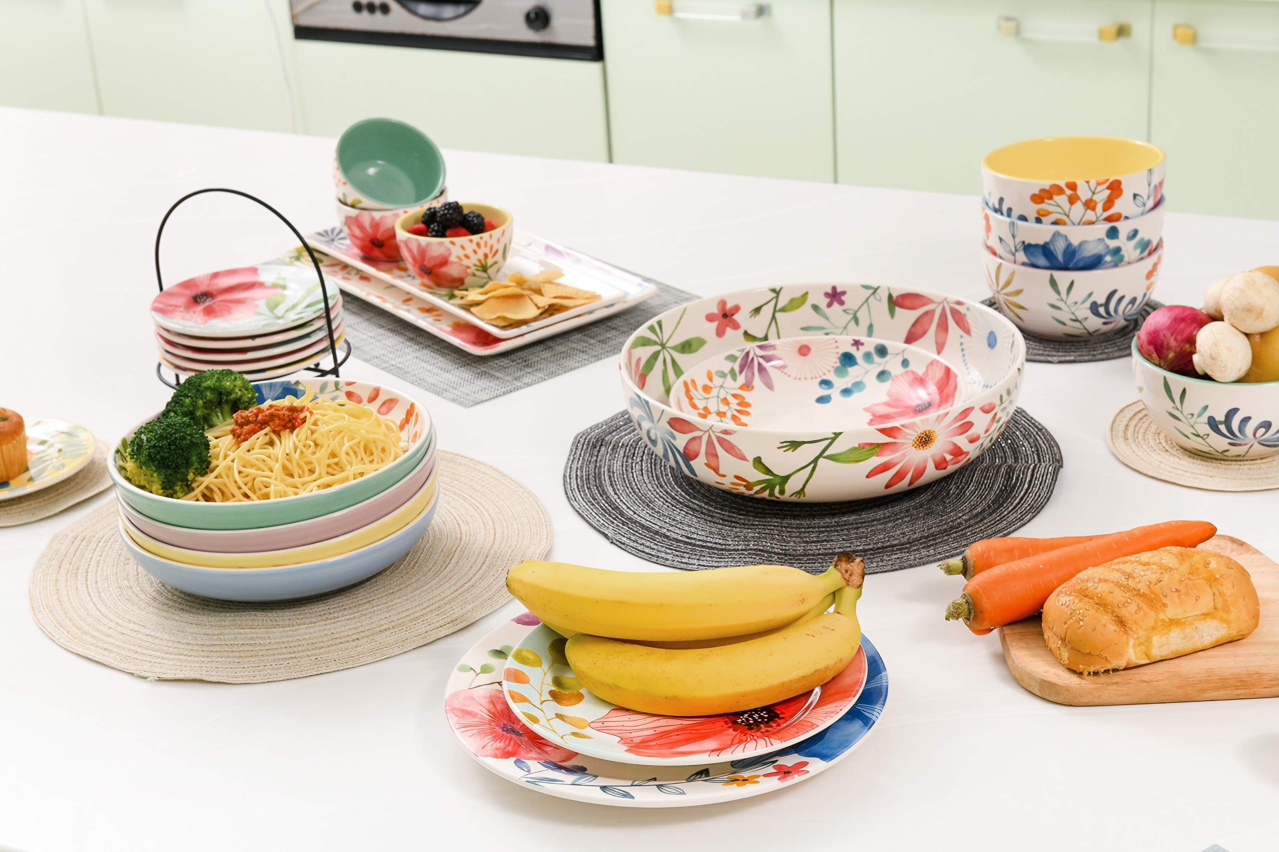 Bico Flower Carnival Ceramic Bowls Set of 4, 26oz, for Pasta, Salad, Cereal, Soup & Microwave & Dishwasher Safe
