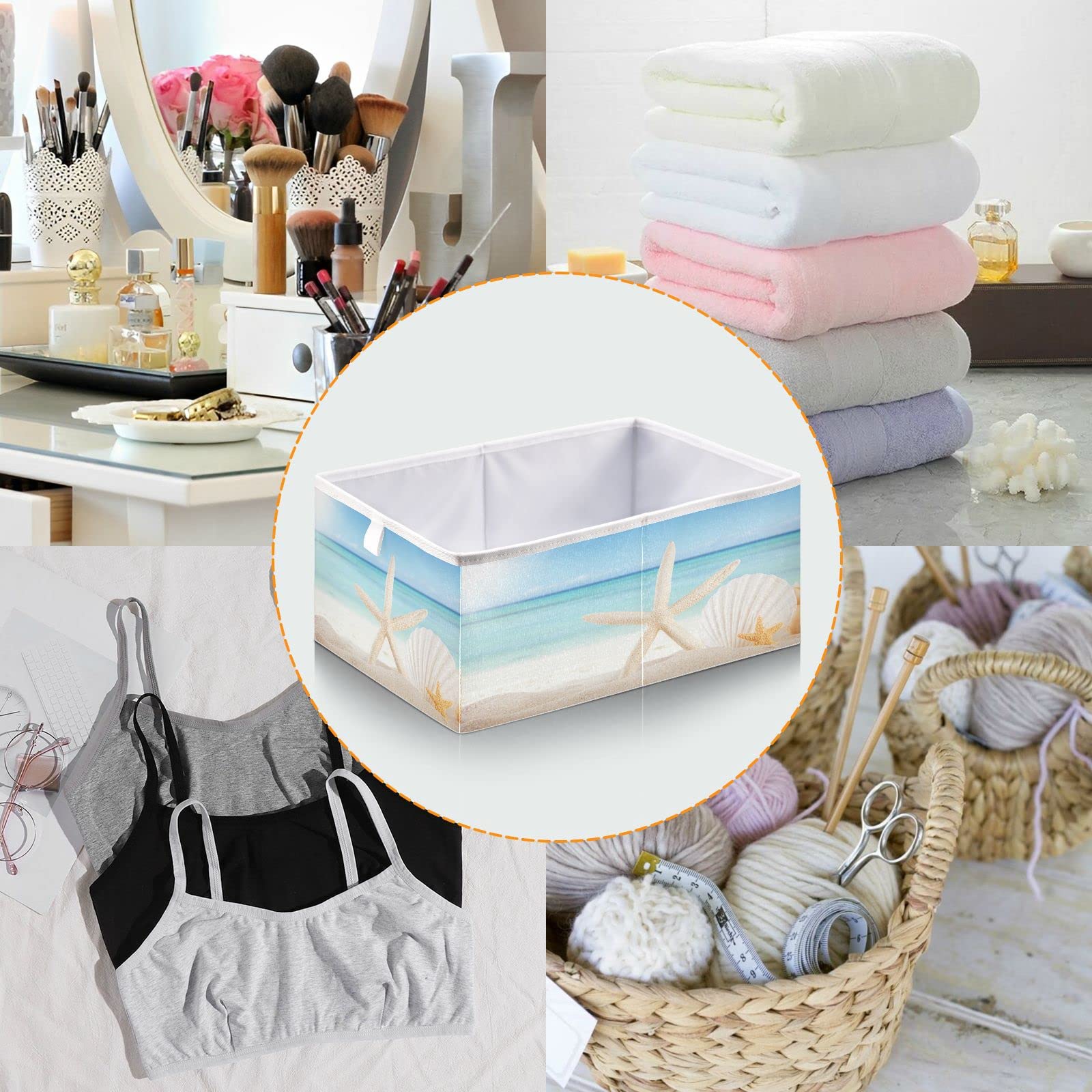 Beach Shelf Baskets for Organizing,Closet Storage Bins Large Collapsible Storage Baskets with Handles for Closet,15X10.5X7 In, Beaches-shells-starfish-summer-sand-sun-seashe,ODK1353
