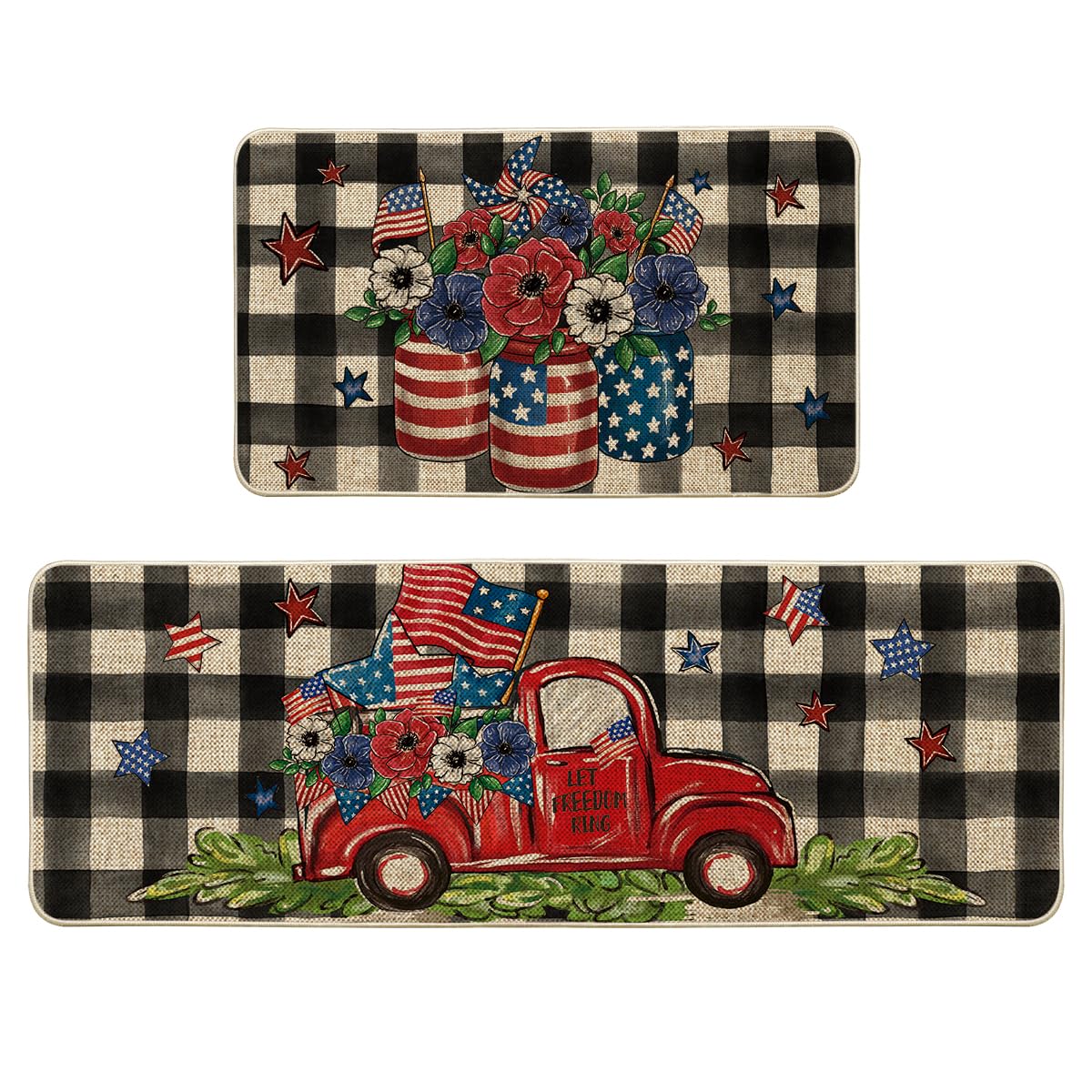 Artoid Mode Watercolor Buffalo Plaid Vase Stars Truck Kitchen Mats Set of 2, 4th of July Patriotic Liberty Decorations for Home Kitchen - 17x29 and 17x47 Inch
