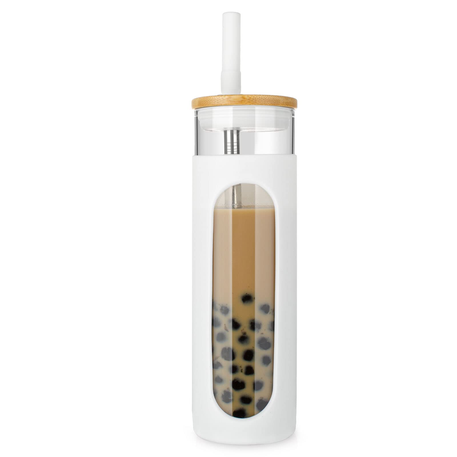Tronco 26oz Glass Tumbler with Bamboo Lid and Straw, Glass Cup For Boba,Iced Coffee,Smoothie, Spill Proof Glass Water Bottle With Silicone Protective Sleeve, Dishwasher Safe,BPA Free