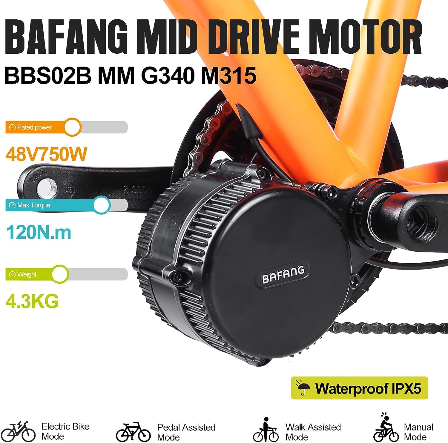 BAFANG BBS02B 48V 750W Mid Drive Electric Bike Motor Ebike Conversion Kit Mid-Mounted Engine for Mountain Bike Road Bicycle with Optional 48V 17.5Ah 18Ah and 48V 20Ah Battery