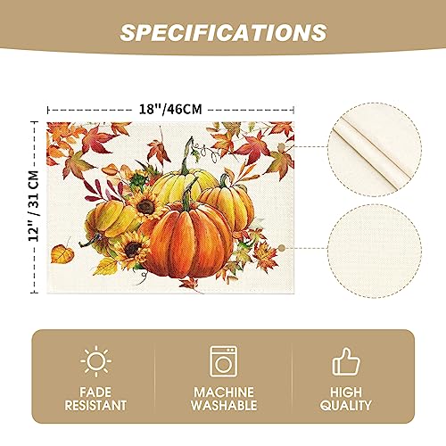 Artoid Mode Pumpkins Maple Leaves Fall Placemats Set of 4, 12x18 Inch Seasonal Autumn Thanksgiving Table Mats for Party Kitchen Dining Decoration