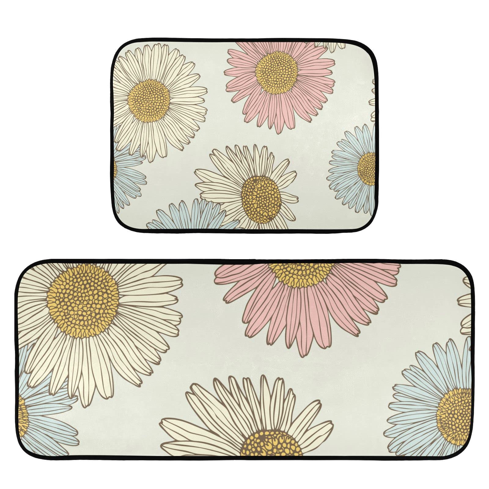 BOENLE Blooming Daisy Kitchen Rugs and Mats Non Skid Washable Kitchen Rug Set 2 Piece Carpet Ergonomic Comfort Standing Mat for Kitchen,Bathroom, Laundry