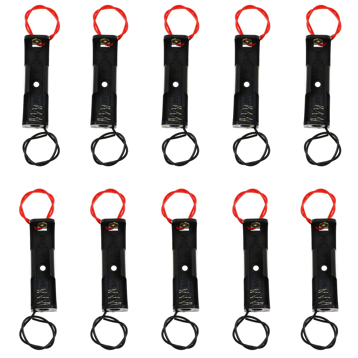 RuiLing 10-Pack Single AA Battery Holder Case Box with 5.5 Inch Cable Connections 1.5Volt Black