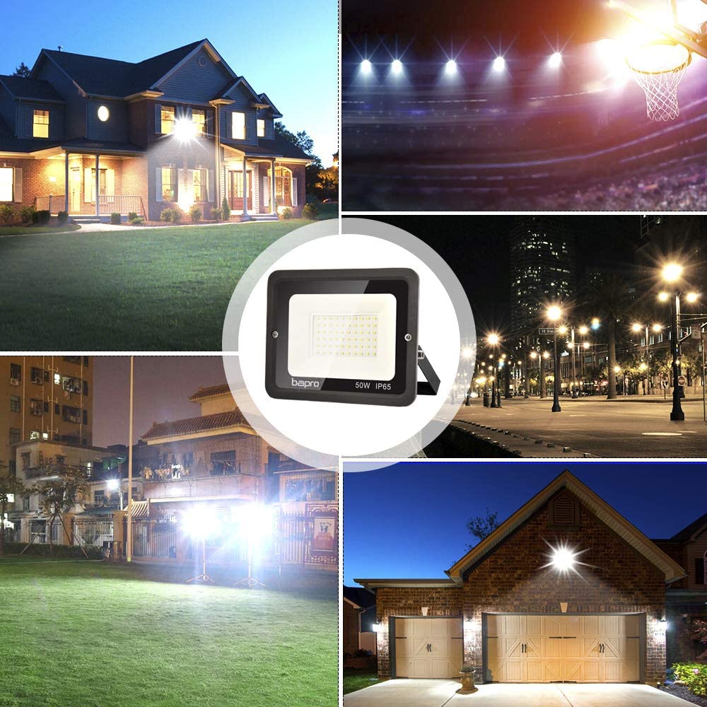 bapro LED Outdoor Floodlight,Super Bright LED Floodlight, Garden Lights Cold White(6000K), IP65 Waterproof Outdoor Security Light Wall Light Perfect for Garden,Garage,Forecourt (2pack, 50W)