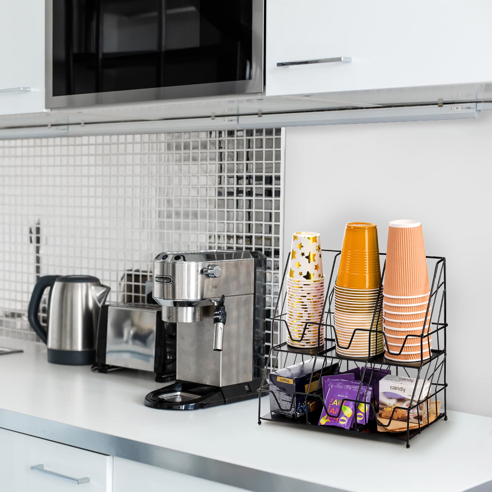 Suwimut Coffee Station Organizer, 6 Compartment Coffee Cup and Condiment Organizer for Countertop, Metal Coffee Pod Holder Coffee and Tea Condiment Organizer for Coffee Bar Accessories